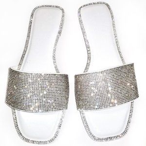 Shoes | New White Blingy Rhinestone Slides Flat Sandals | Poshmark
